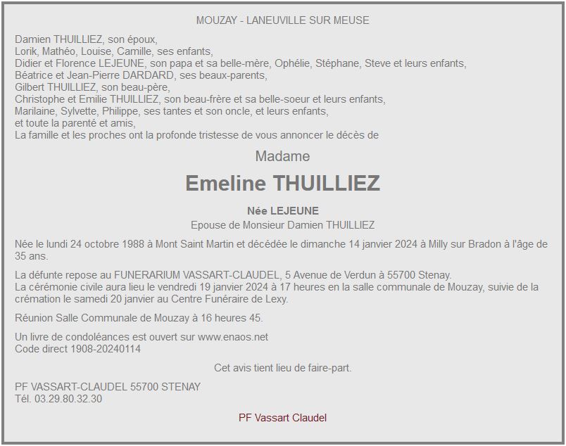 Décès de madame Emeline THUILLIEZ née LEJEUNE